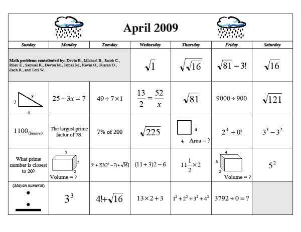 April Math Calendar – Denise Gaskins' Let's Play Math