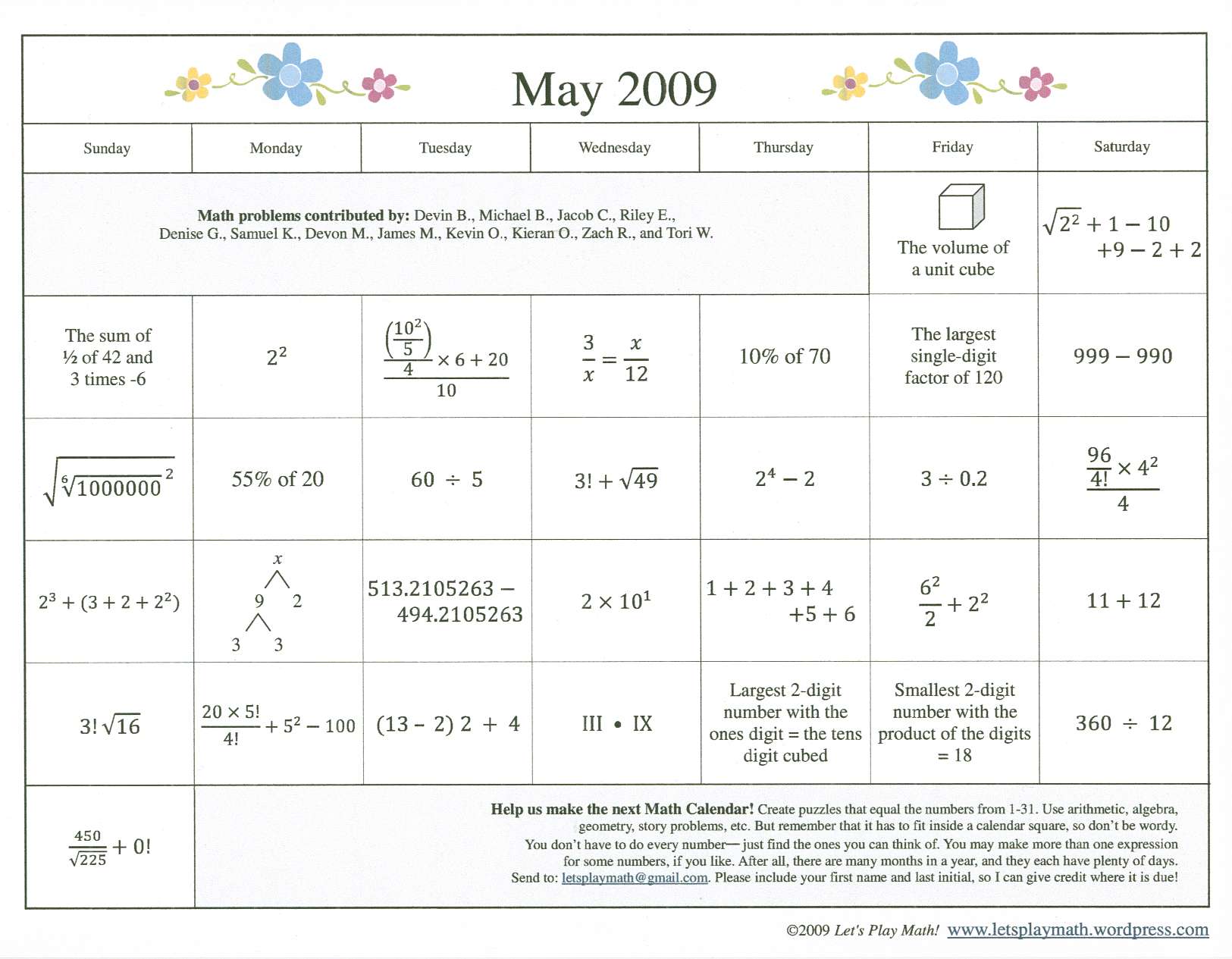 May Math Calendar – Denise Gaskins' Let's Play Math